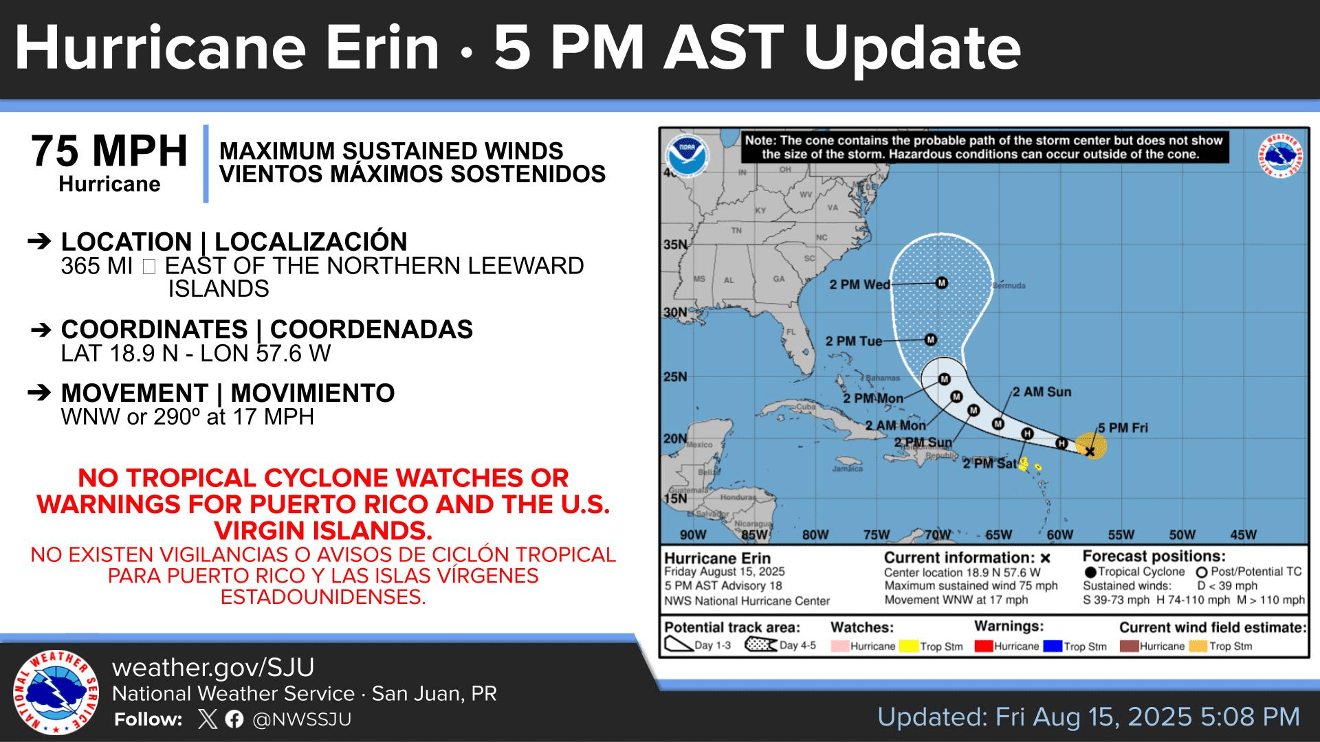 Hurricane Erin Expected to Pass North of USVI, Puerto Rico; Flood Watch ...
